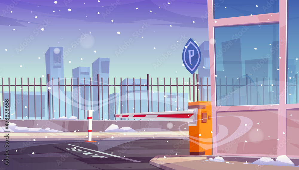 Entrance to security parking with automatic car barrier. Vector cartoon ...