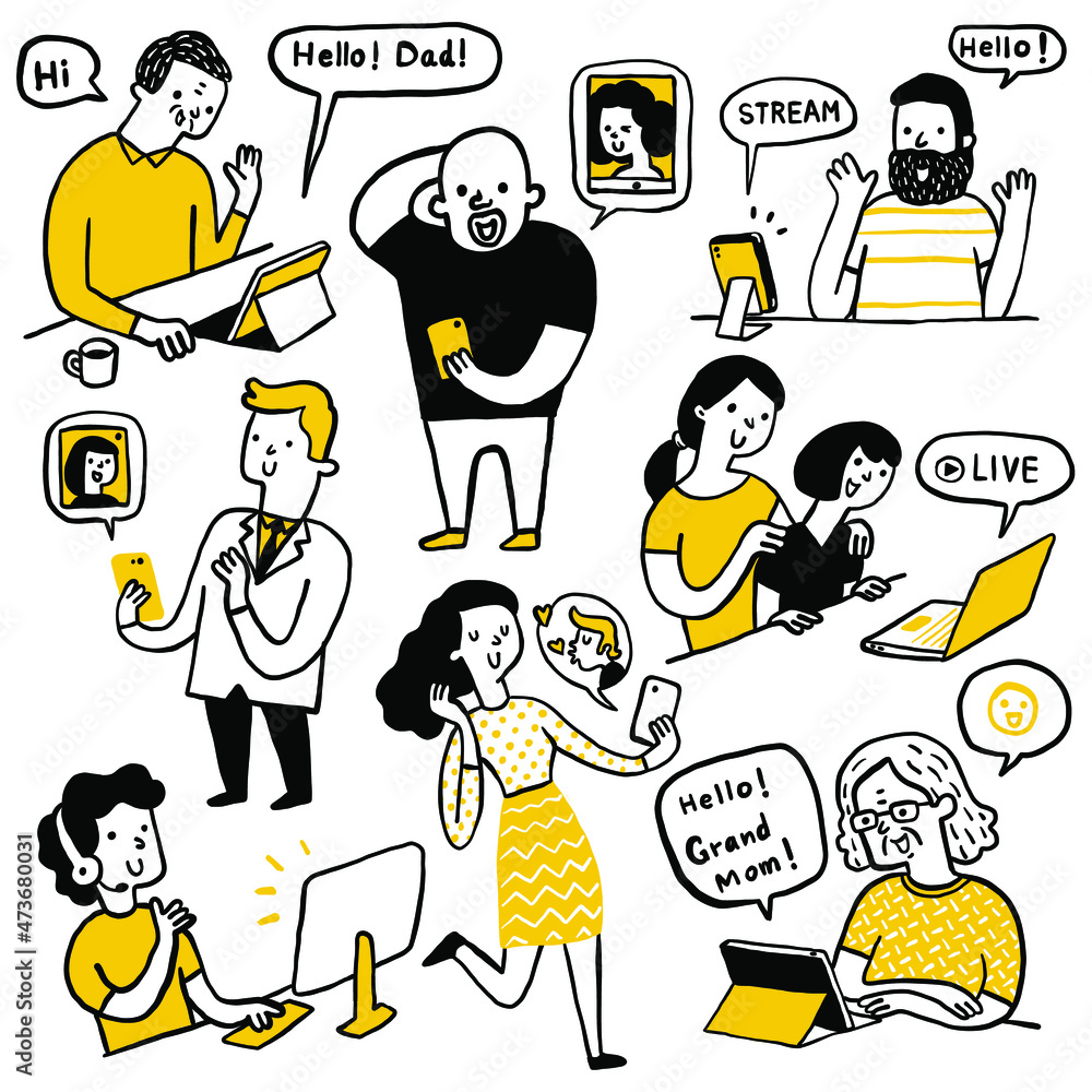 Doodle illustration of people connecting each other via social network ...