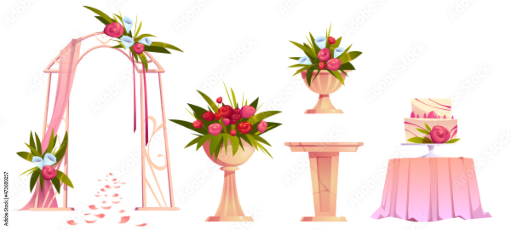 Wedding decoration with floral arch, cake on table and flowers on ...