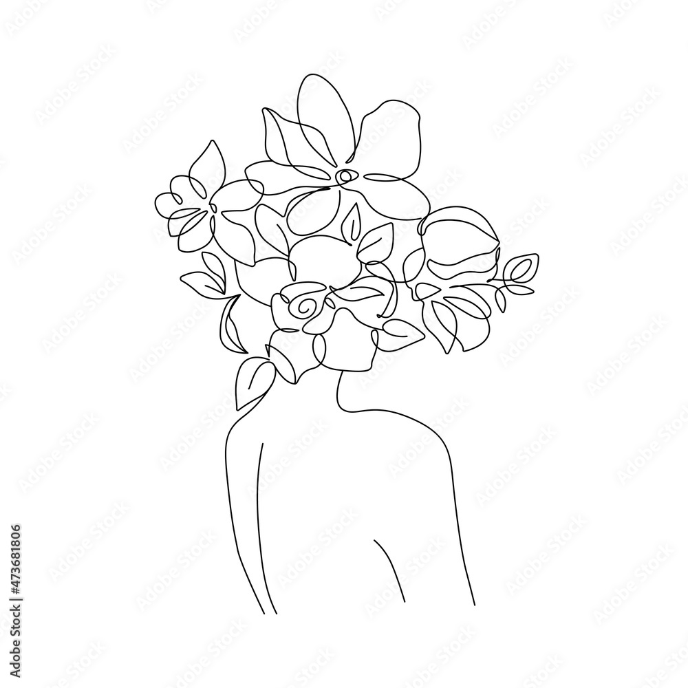 Woman Head With Flowers Line Art Drawing Flower Female Face Line