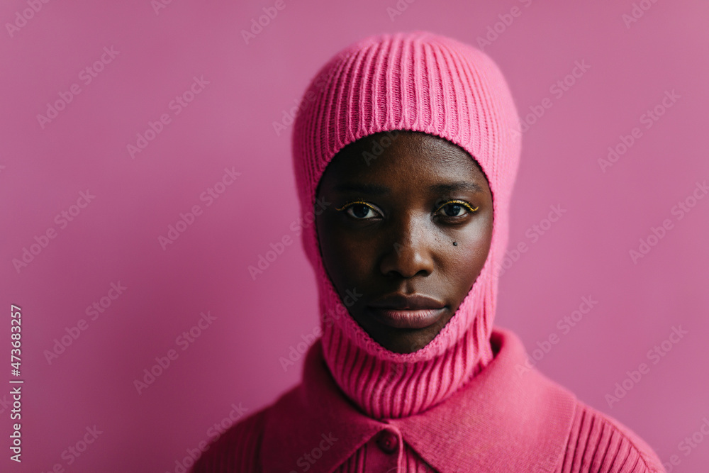 Beauty portrait black woman in pink clothes Stock Photo | Adobe Stock