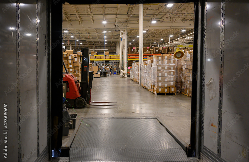 Warehouse interior with Forklift Stock Photo | Adobe Stock