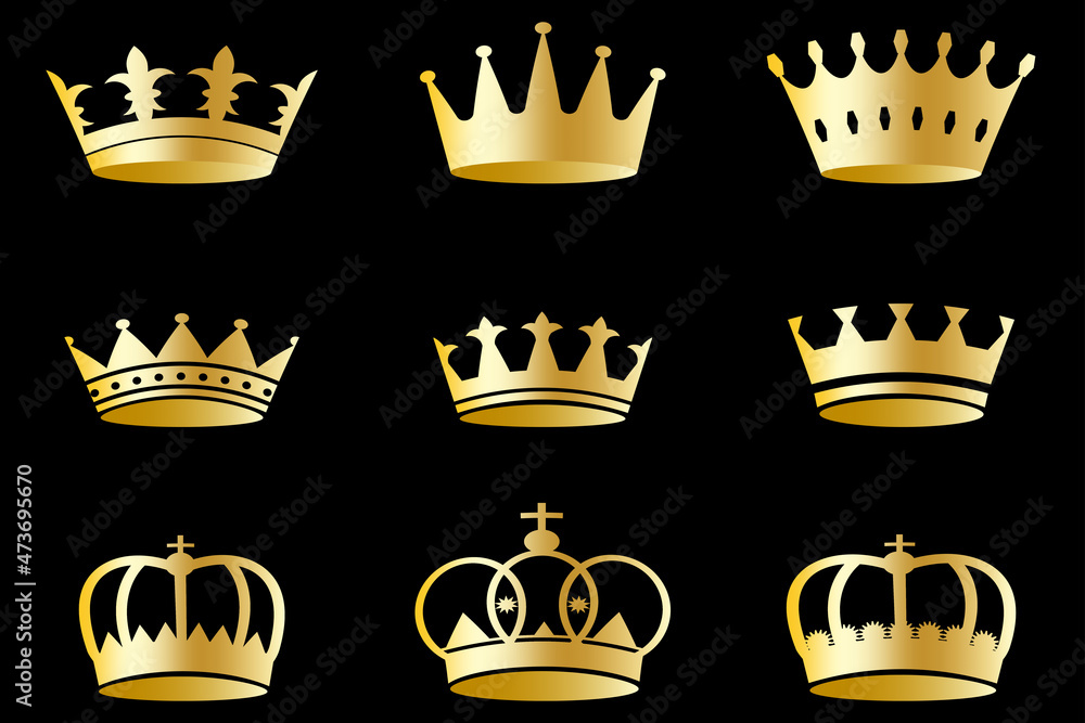 Crowns icon set. Golden sign. Logo art. Black background. Hand drawn ...