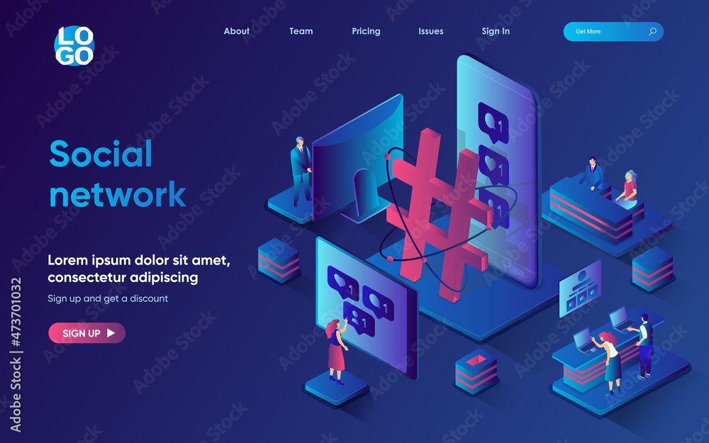 Social network concept isometric landing page. Users browsing, chatting ...