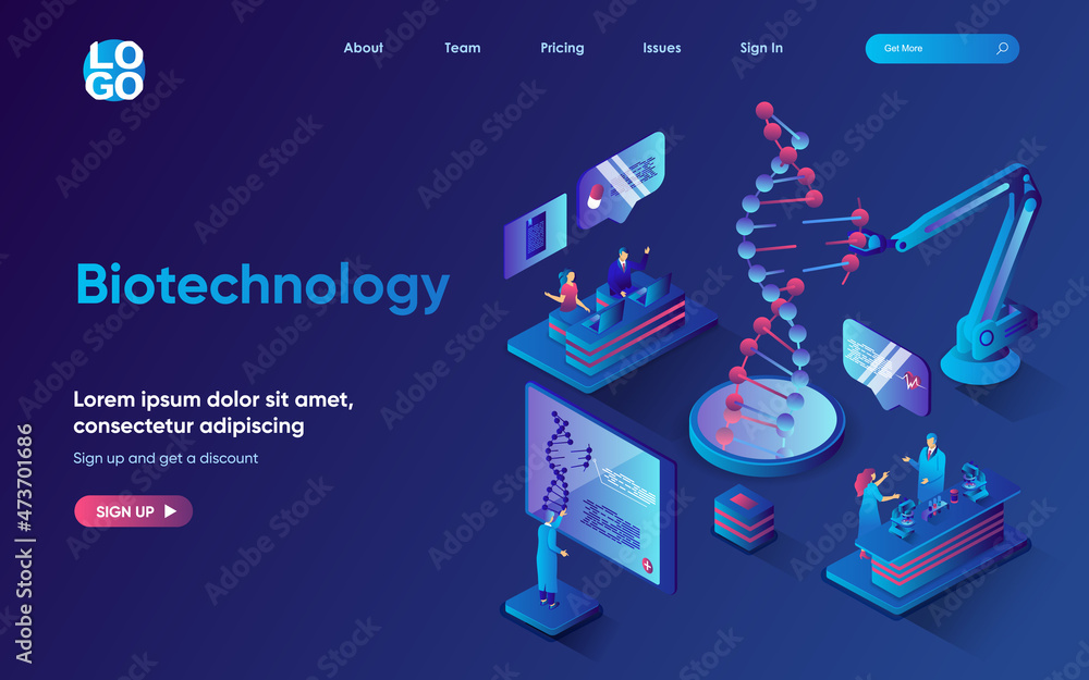 Biotechnology concept isometric landing page. Scientist team working ...