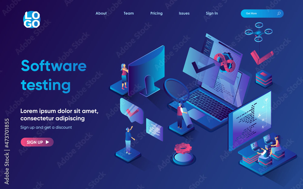 Software testing concept isometric landing page. Team develops and ...