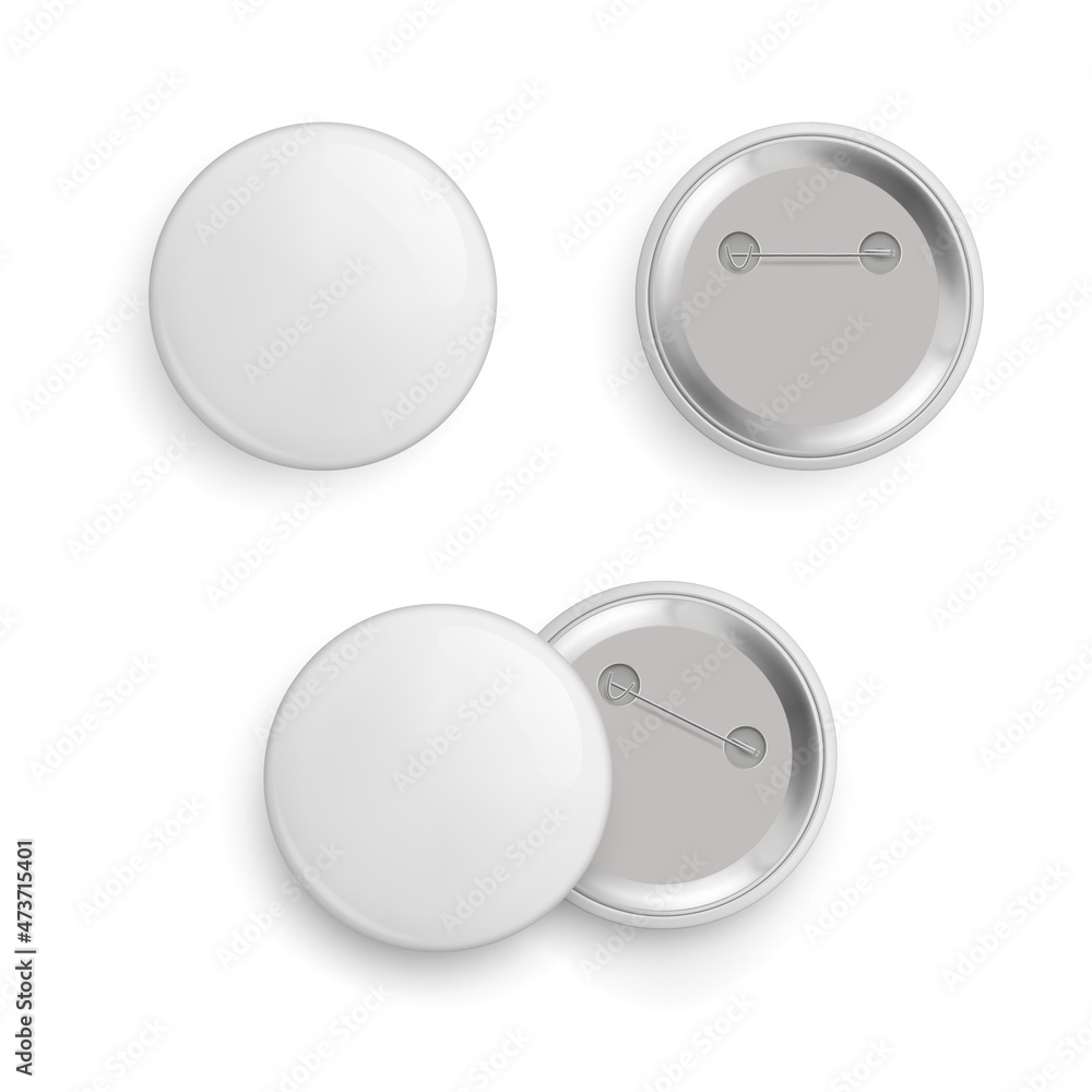 Round white blank glossy pin button templates set. Front and back view ...