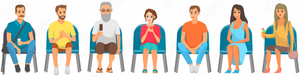 People sitting on chairs and watching show. Cartoon characters on seats ...