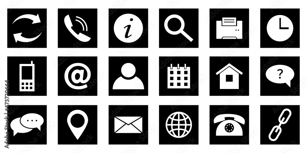 Contact icons. Communication symbols. Information concept. White signs ...