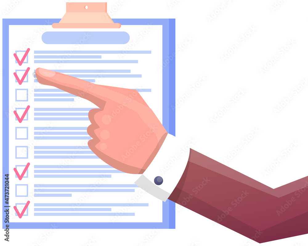 Clipboard with checklist, daily plan with tick marks. Human hand points ...