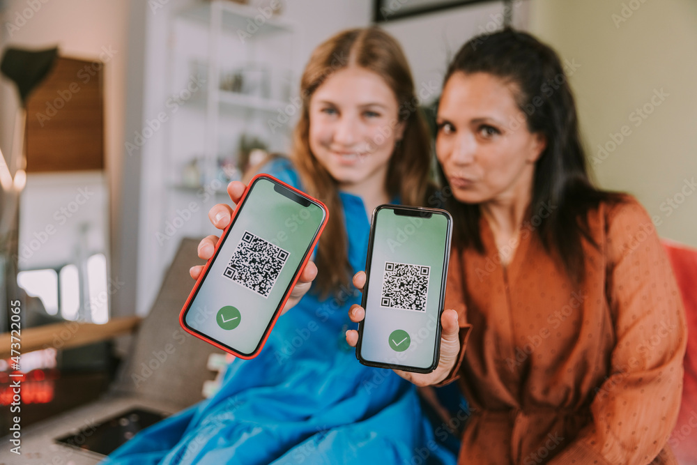 Women showing smart phones with QR code on screen Stock Photo | Adobe Stock