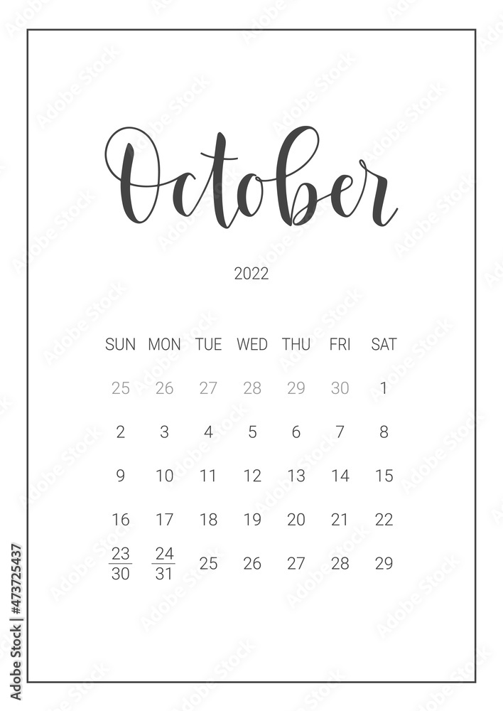Vector Calendar Planner for October 2022. Handwritten lettering. Week ...