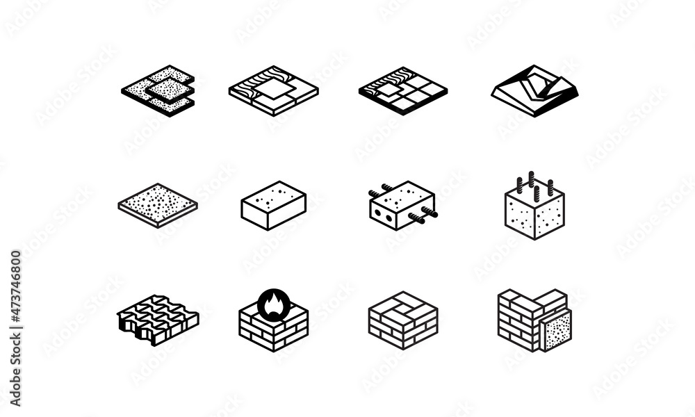 Construction materials and structure icons set. Vector linear isometric ...