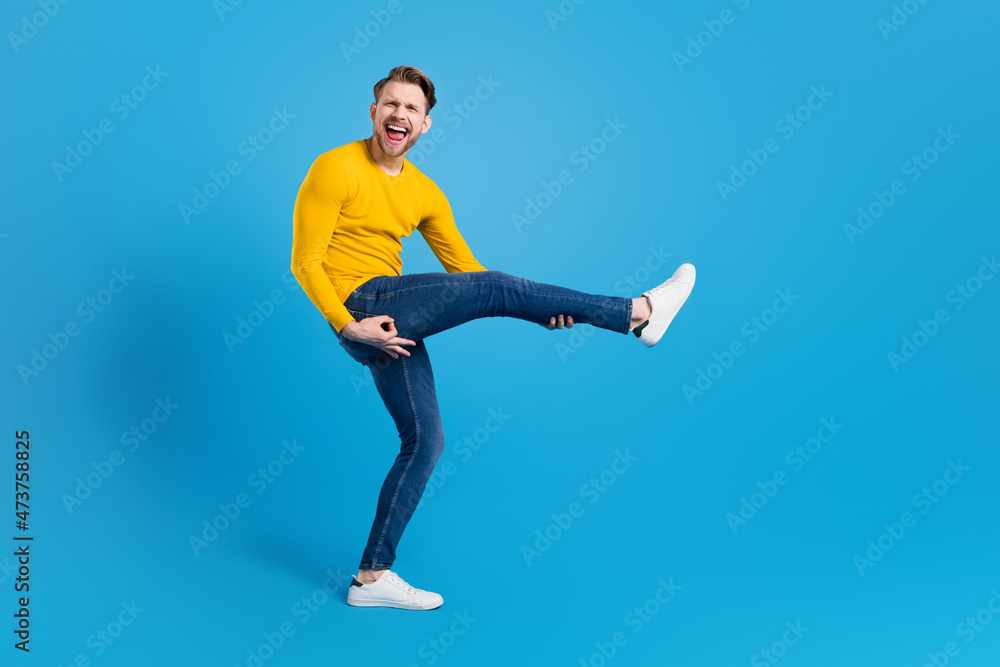 Full length body size photo of funky guy imagine playing guitar ...