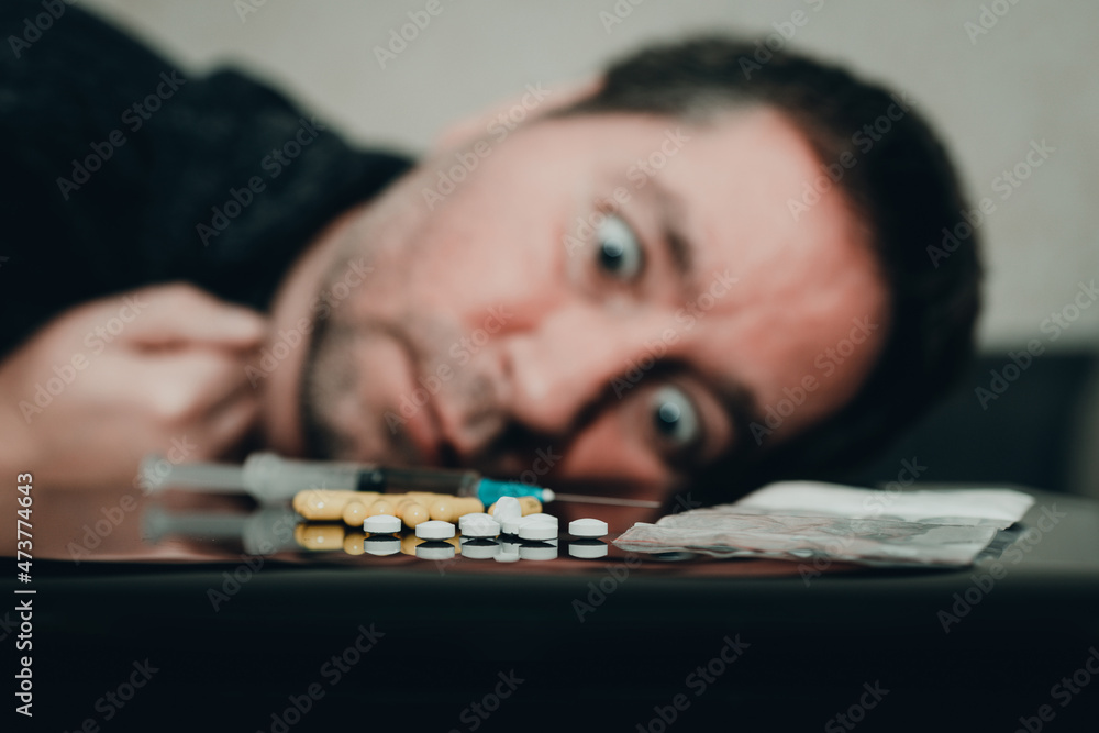 Addict, breaking, pain,depression,illness. Drug addict with crazy eyes ...