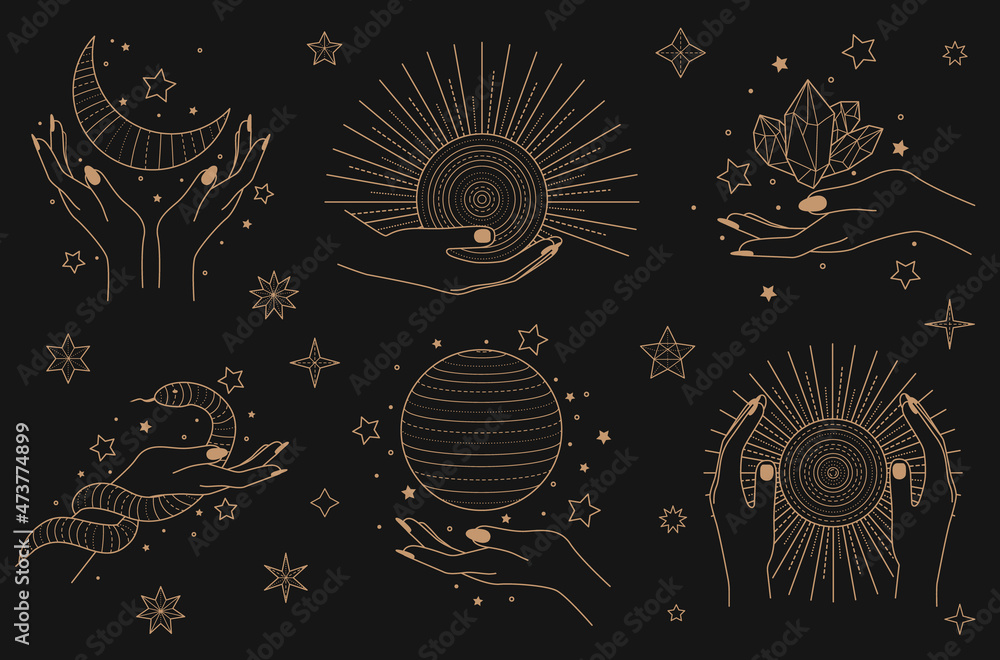 Set of alchemy esoteric mystical magic celestial icons, sun, moon ...