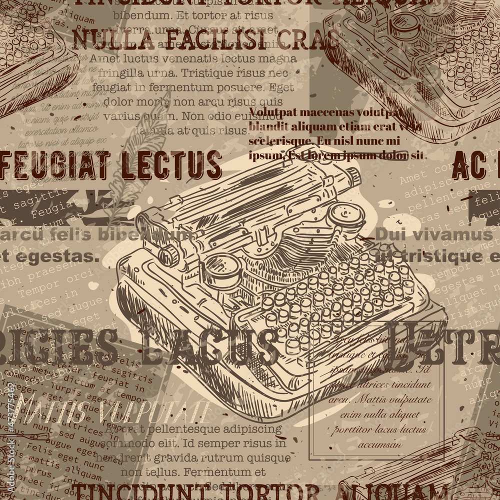 Seamless pattern in old newspaper style with typewriter and abstract ...