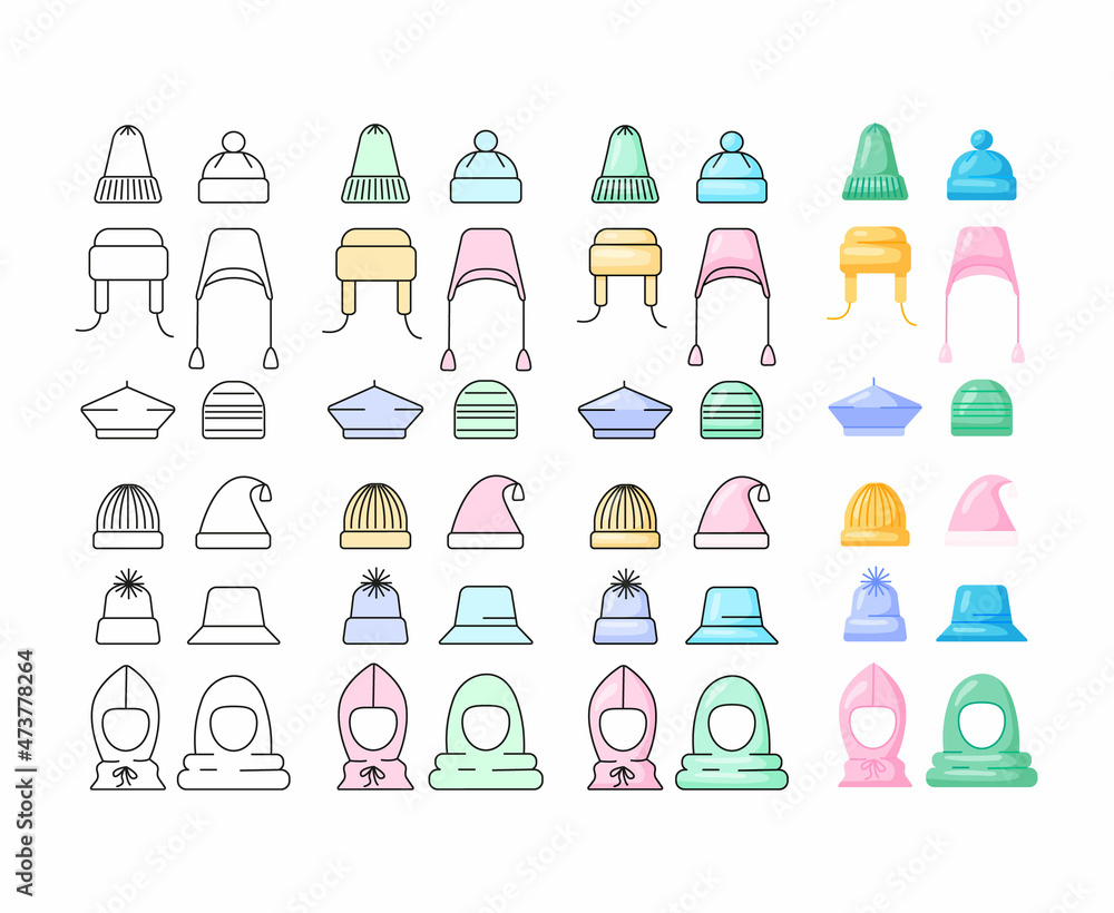 Set of hats in outline, line and flat styles. Vector isolated colorful ...