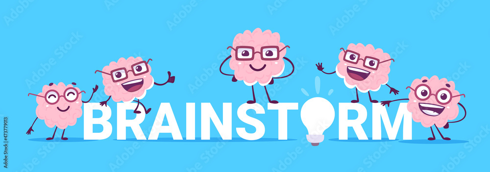 Vector creative illustration of group of happy pink brain character in ...