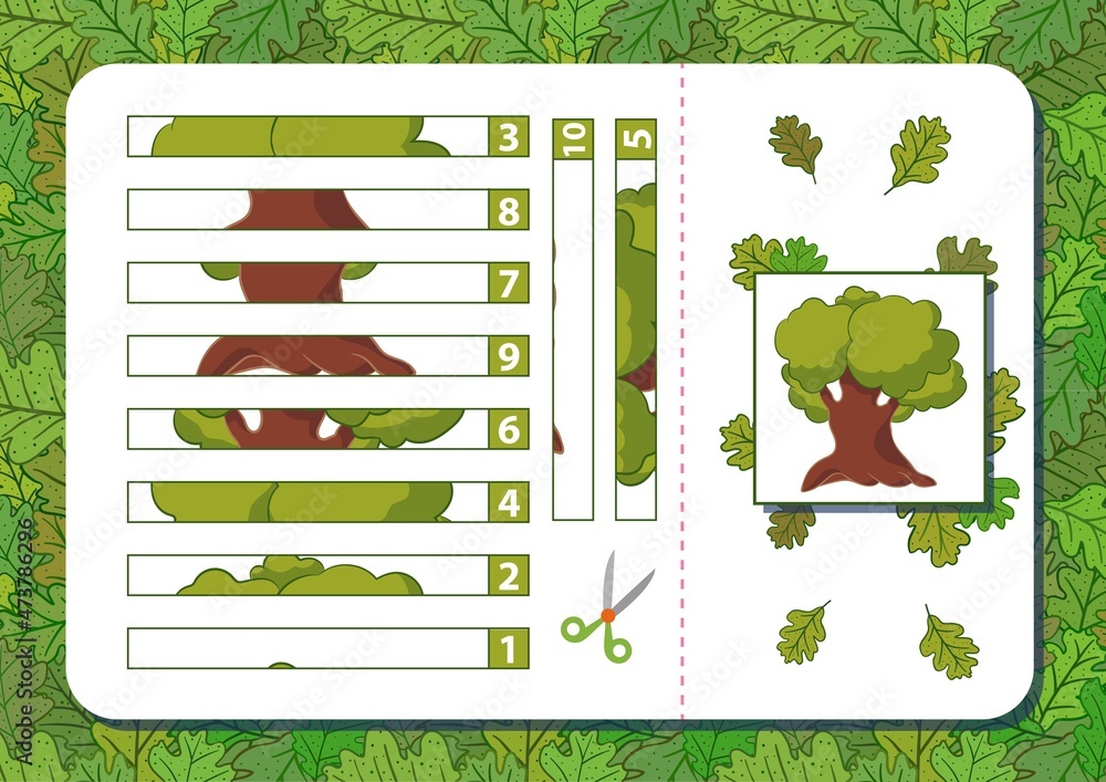 Printable A4 page puzzle game with oak tree. Numbers from 1 to 10. Cut ...