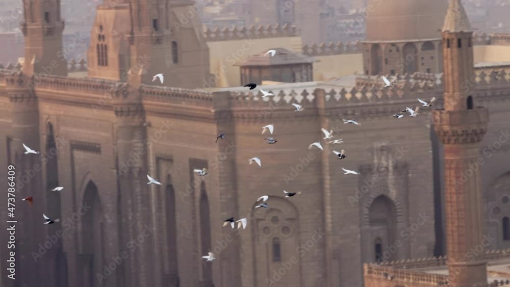 Slow motion shot of pigeons birds flies against background of Mosque ...