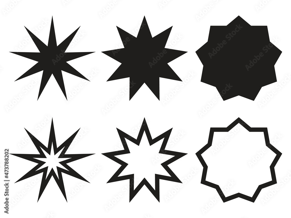 Star shapes collection. Silhouetes and outline nine pointed stars ...