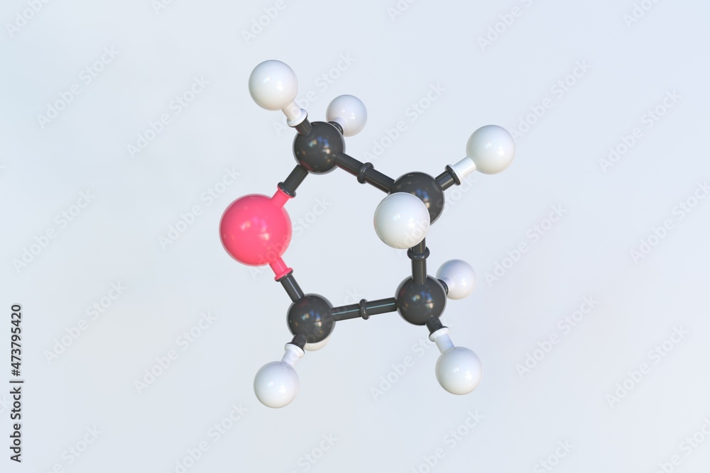 Molecule of tetrahydrofuran, isolated molecular model. 3D rendering ...