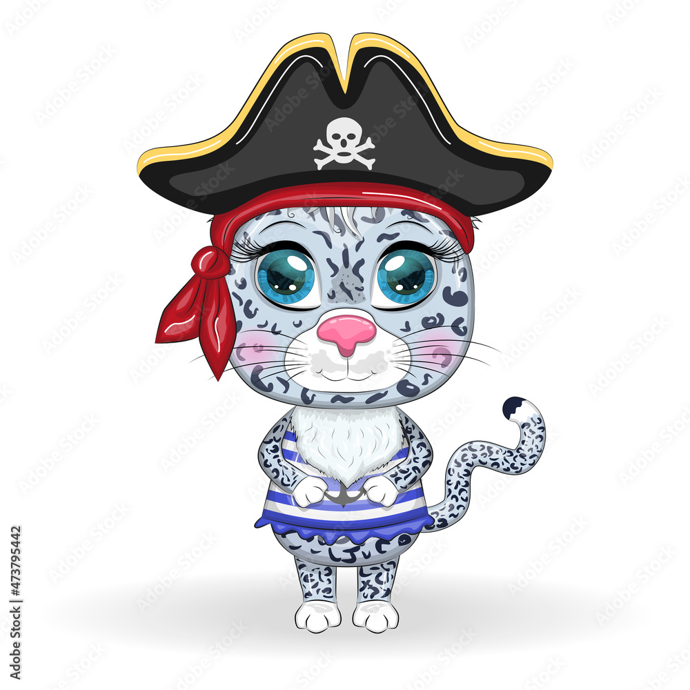 Snow leopard pirate, cartoon character of the game, wild cat in a ...