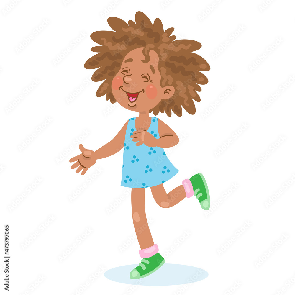 Happy little African American girl jumping on one leg. In cartoon style ...