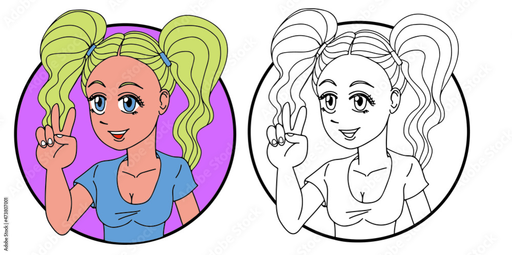 Blonde girl with two pigtails in her hair, she is making the V sign ...