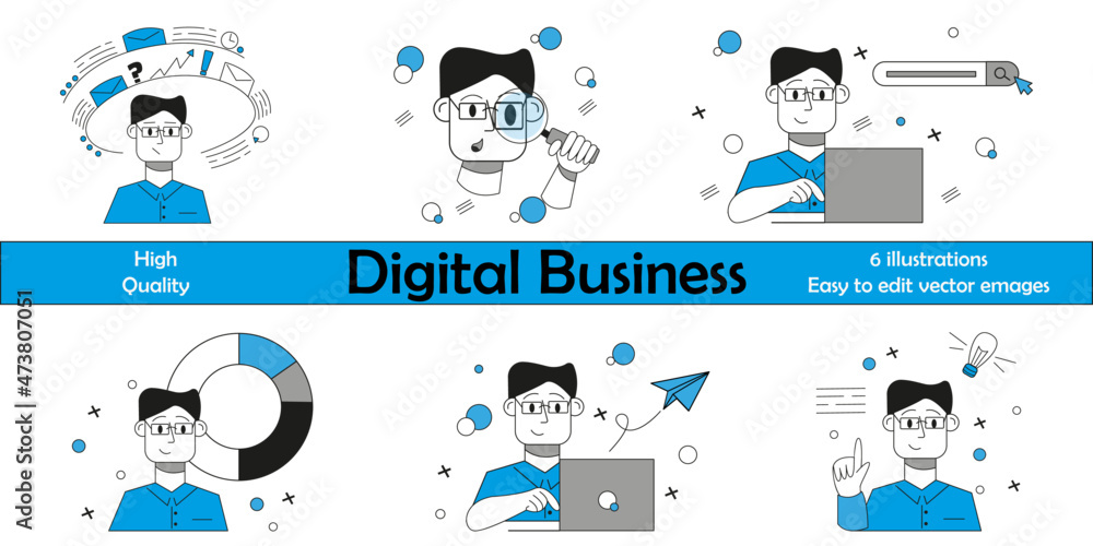 digital business illustration, character in different situations, flat ...