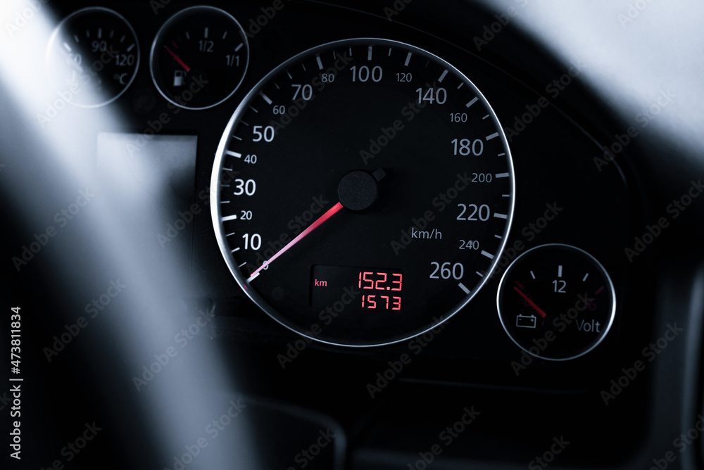Car speedometer, close up. A device for determining the speed of a car ...