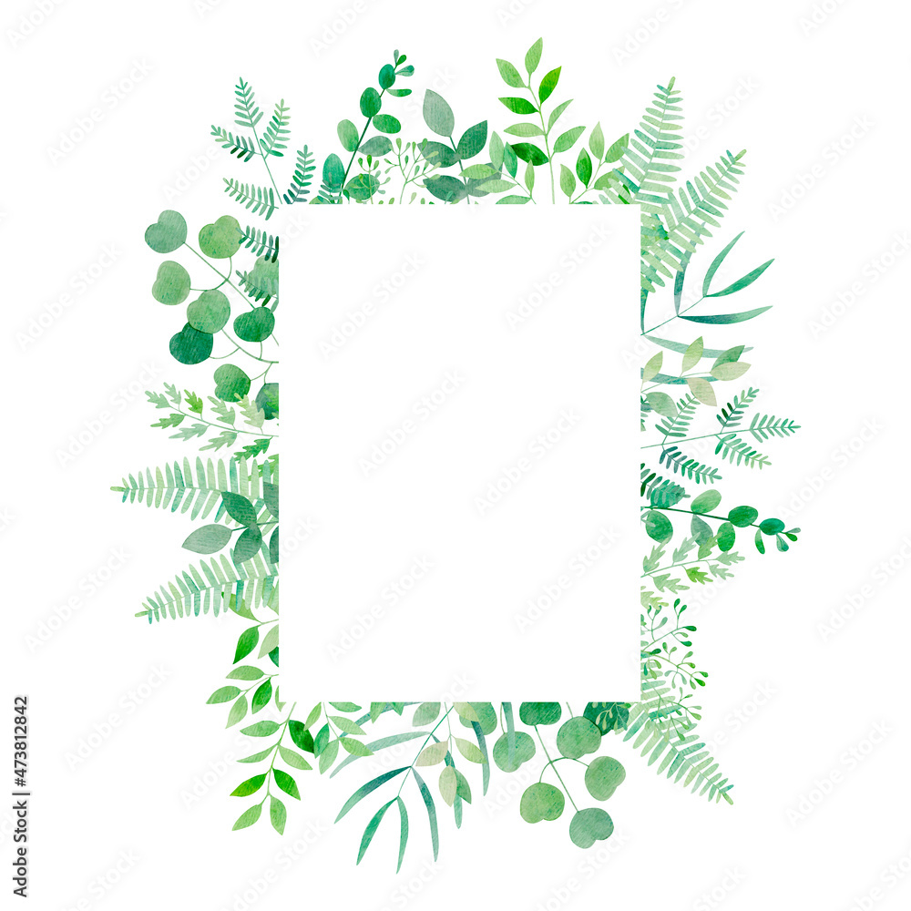 Watercolor botanical frame with trendy greenery: eucalyptus, fern, nagi ...
