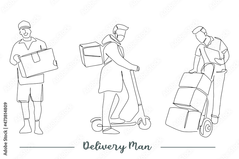Continuous line art or One Line Drawing of delivery man standing with ...