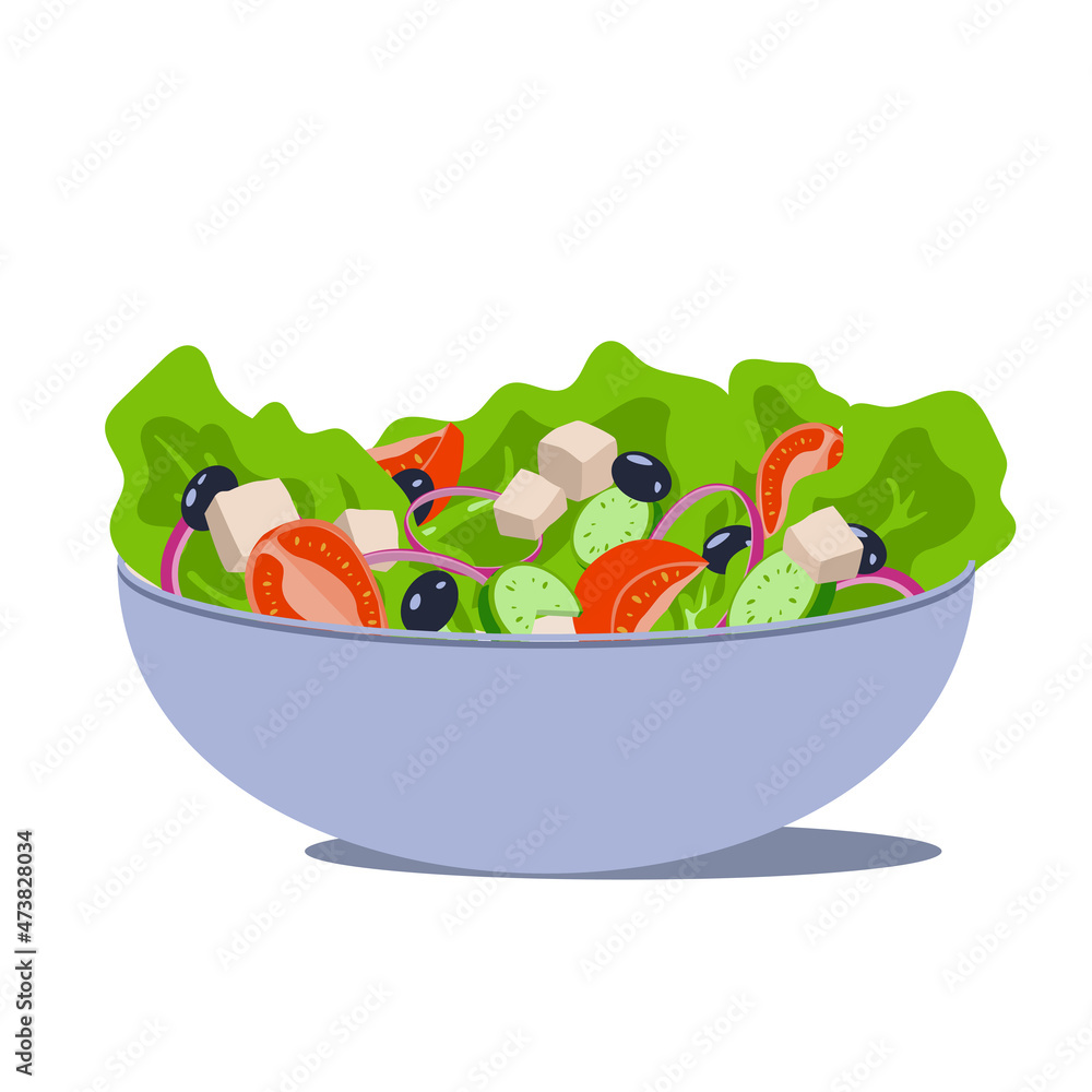 Greek salad cartoon vector illustration. Bowl full of vegetable salad ...