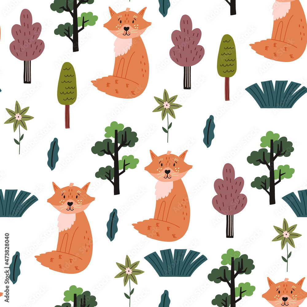 Seamless children pattern fox forest. Naive Digital paper, wallpaper ...