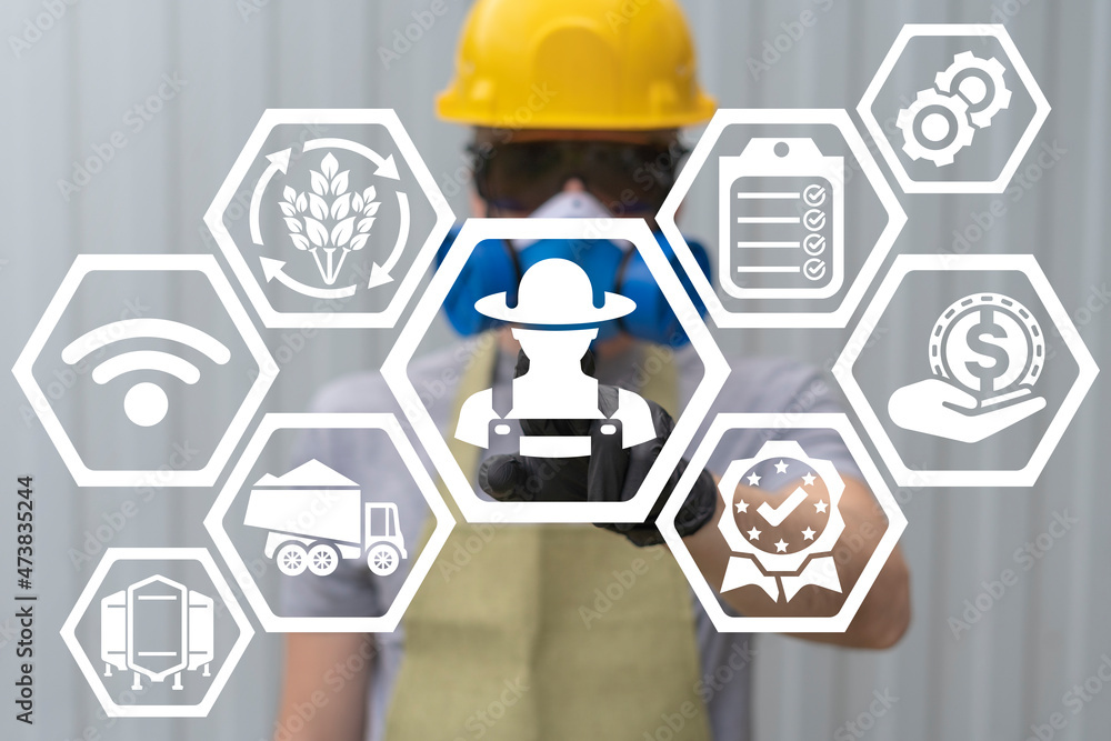 Modern smart farming concept. Farmer in protective equipment using virtual touchscreen presses ...