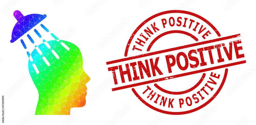 THINK POSITIVE scratched stamp seal, and low-poly rainbow colored ...