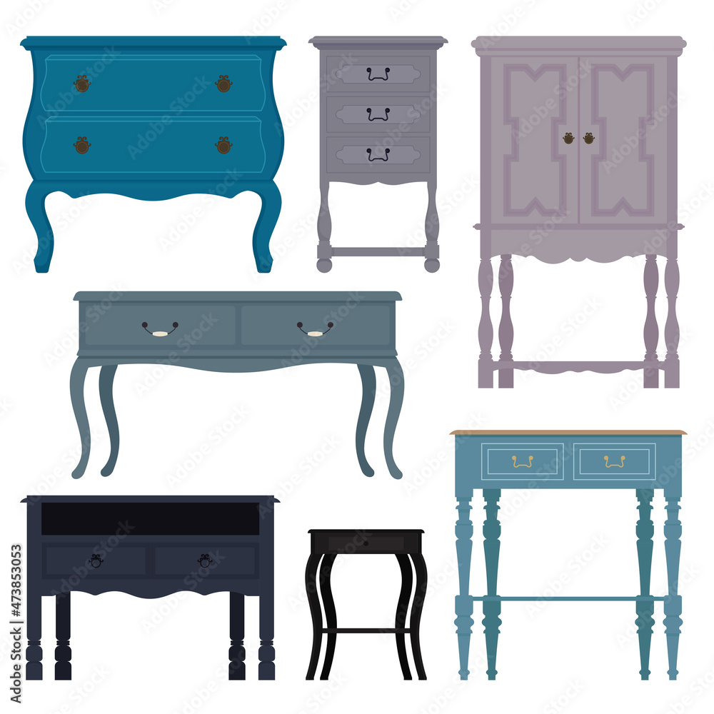 Set of olds vintage bedside table, commodes. Collection of retro ...