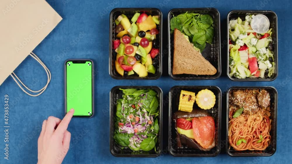 Take away meals top view, food delivery app, balanced nutrition. Fresh ...