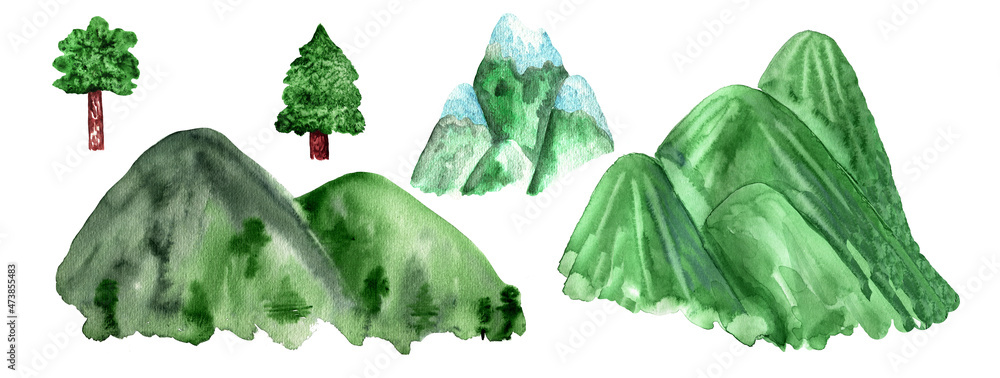 Watercolor set of natural landscapes with mountains, forest trees ...