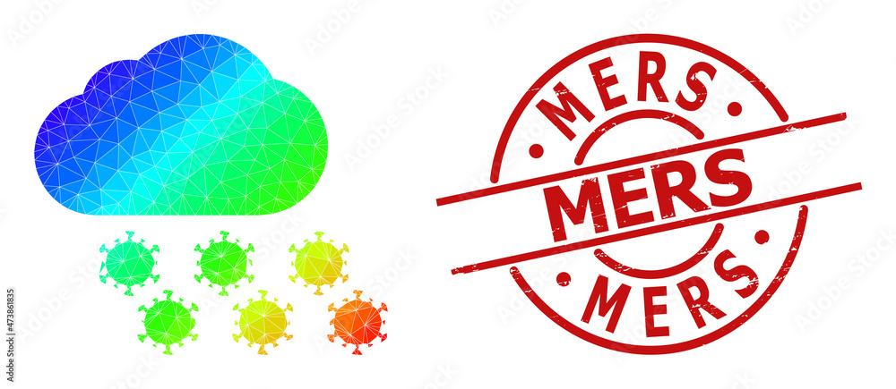 Mers scratched stamp seal, and low-poly rainbow colored virus cloud ...