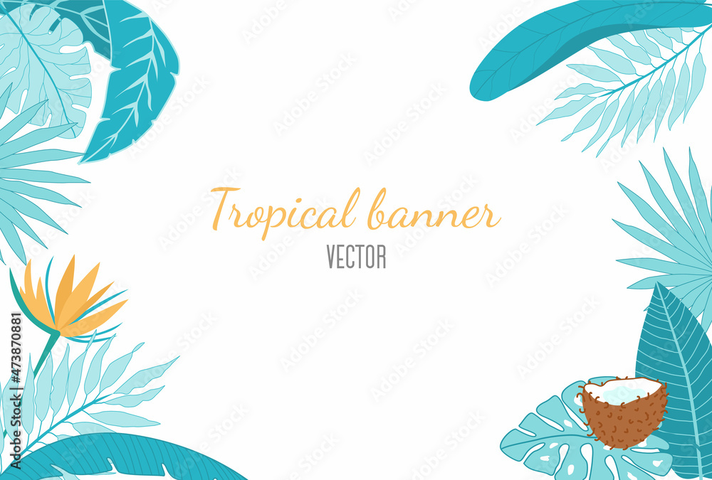 Vector tropical banner. Hand drawn palm leaves and tropical flowers and ...
