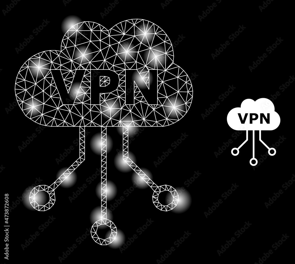 Bright mesh VPN cloud web icon with illuminated light spots ...