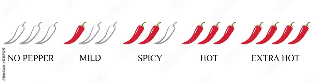 Vector illustration. Spicy hot chili pepper icons set with flame and ...