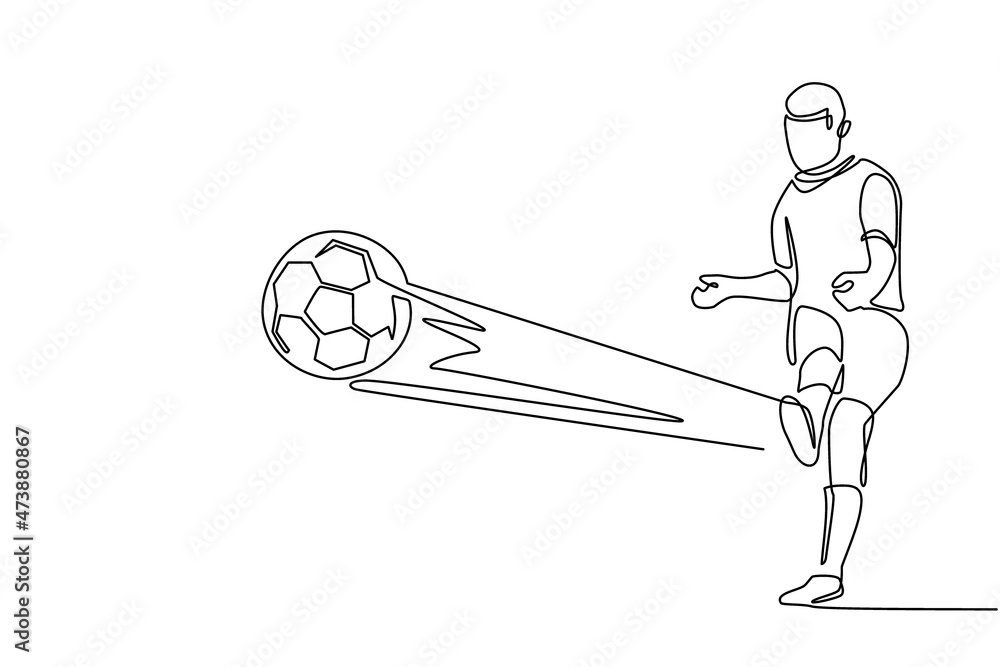 Single one line drawing soccer player kicks soccer ball. Football ... Single one line drawing soccer player kicks soccer ball. Football ...