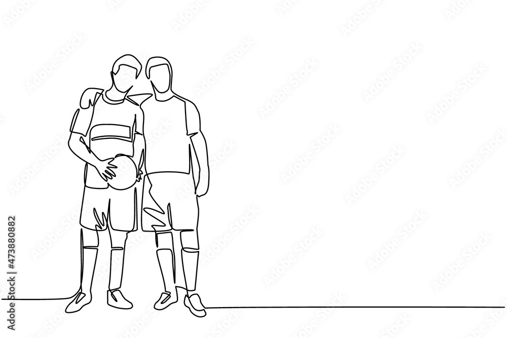 Continuous one line drawing two soccer players embrace each other. Two ...