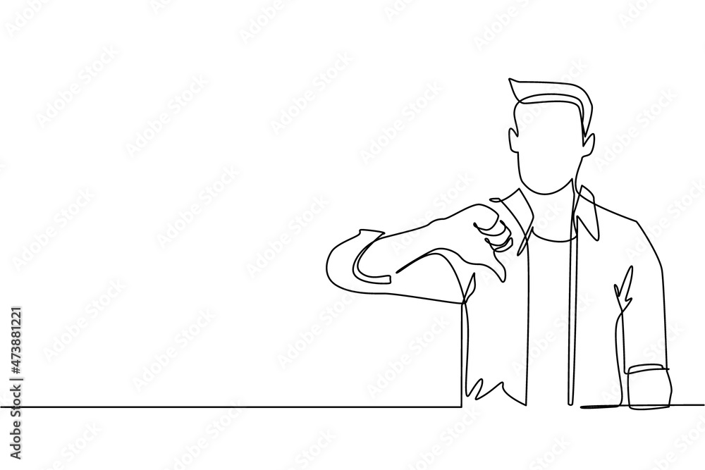 Single continuous line drawing unhappy young man showing thumbs down ...