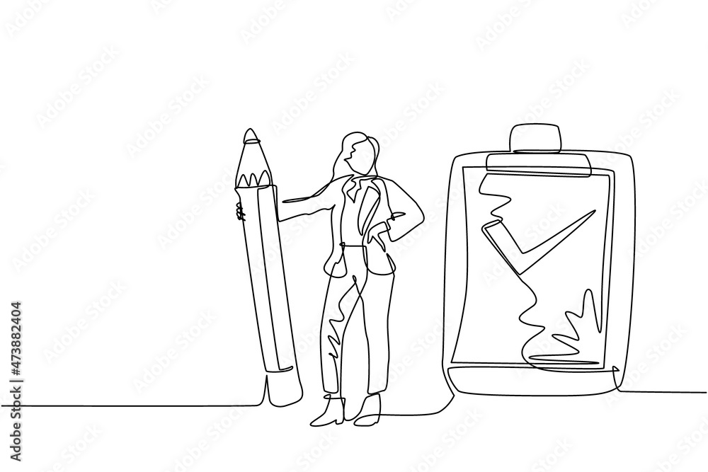 Single continuous line drawing happy smiling businesswoman with pencil ...