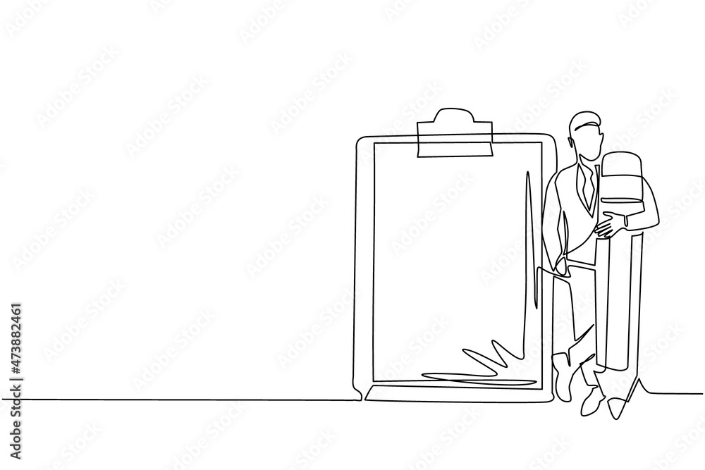 Continuous one line drawing businessman holding giant pencil looking at ...